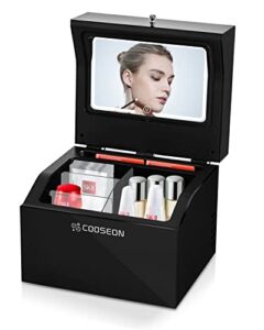 cooseon acrylic skincare fridge 10 liter with adjustable hd mirror light thermostatic mini beauty fridge with removable divider shelf, cosmetic fridge for makeup, bedroom, office, room