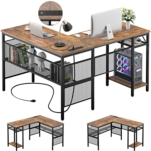 Unikito L Shaped Computer Desk with Magic Portable 4 Power Outlets and USB Charging Ports, 55 Inch Reversible L-Shaped Corner Table with Storage Shelf, 2 Person Home Office Gaming Desk, Rustic Brown