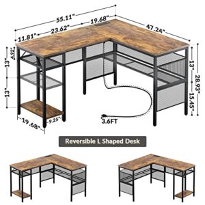 Unikito L Shaped Computer Desk with Magic Portable 4 Power Outlets and USB Charging Ports, 55 Inch Reversible L-Shaped Corner Table with Storage Shelf, 2 Person Home Office Gaming Desk, Rustic Brown