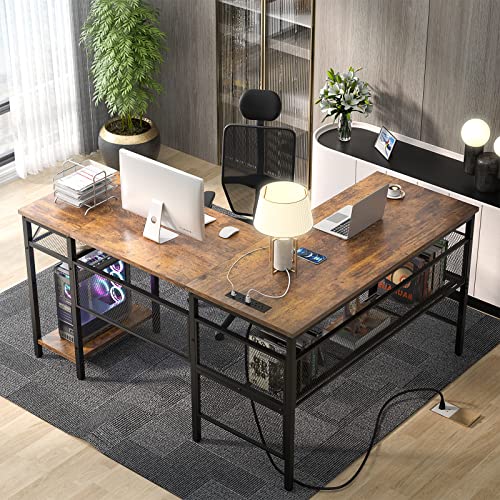 Unikito L Shaped Computer Desk with Magic Portable 4 Power Outlets and USB Charging Ports, 55 Inch Reversible L-Shaped Corner Table with Storage Shelf, 2 Person Home Office Gaming Desk, Rustic Brown