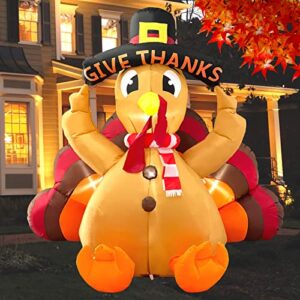 buheco thanksgiving inflatable turkey lawn decoration 6ft giant blow up turkey inflatables outdoor yard decorations with pilgrim hat led light for happy fall holiday indoor outside autumn home decor