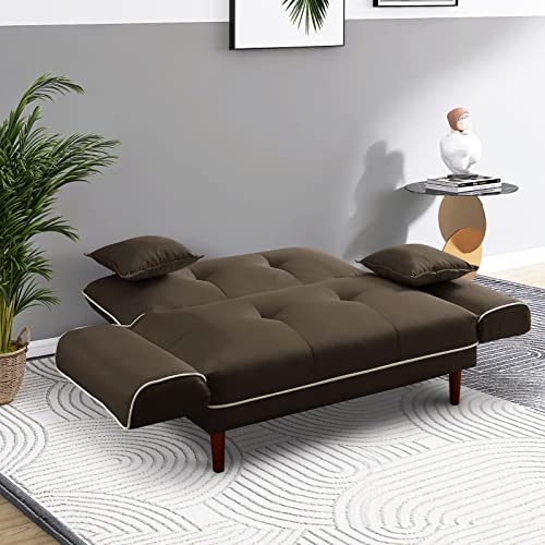 SoarFlash Convertible Futon Sofa Bed with 2 Pillows, Small Couch with Adjustable Armrest and Wood Legs, Upholstered Loveseats Furniture Low Back 2-Seat Sofa Couch with 5-Angle Backrest (Brown)