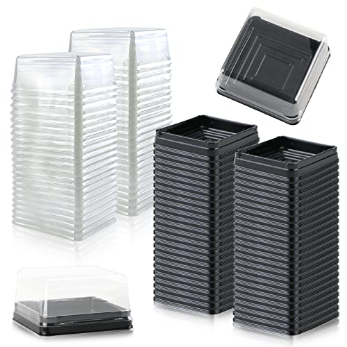 GothaBach 100 Set Plastic Square Containers with Lids Cupcake Boxes Muffin Pod Dome Muffin Single Container Box for Wedding Birthday Gifts Supplies (Black)