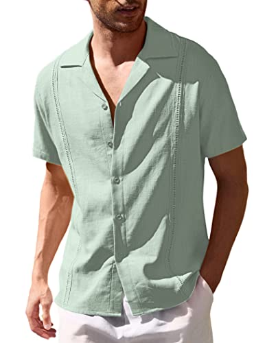 COOFANDY Men's Cuban Shirt Short Sleeve Linen Tops Casual Beach Button Up Shirts A - Light Green