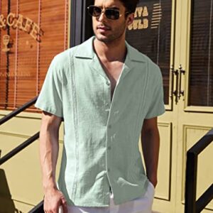 COOFANDY Men's Cuban Shirt Short Sleeve Linen Tops Casual Beach Button Up Shirts A - Light Green