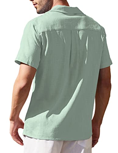 COOFANDY Men's Cuban Shirt Short Sleeve Linen Tops Casual Beach Button Up Shirts A - Light Green