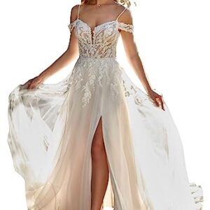 SEIM Plus Size Womens Lace Applique Bodice 2023 Wedding Dress with Slit White Long Empire Waist Off Shoulder Beach Wedding Dress with Slit for Bride 16W