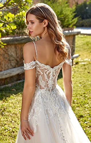 SEIM Plus Size Womens Lace Applique Bodice 2023 Wedding Dress with Slit White Long Empire Waist Off Shoulder Beach Wedding Dress with Slit for Bride 16W