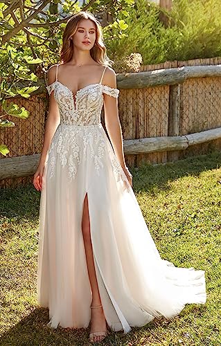 SEIM Plus Size Womens Lace Applique Bodice 2023 Wedding Dress with Slit White Long Empire Waist Off Shoulder Beach Wedding Dress with Slit for Bride 16W