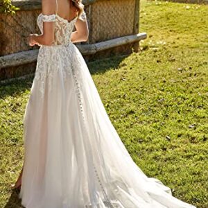 SEIM Plus Size Womens Lace Applique Bodice 2023 Wedding Dress with Slit White Long Empire Waist Off Shoulder Beach Wedding Dress with Slit for Bride 16W