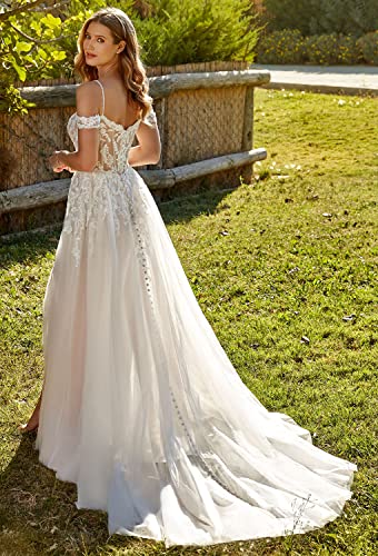 SEIM Plus Size Womens Lace Applique Bodice 2023 Wedding Dress with Slit White Long Empire Waist Off Shoulder Beach Wedding Dress with Slit for Bride 16W