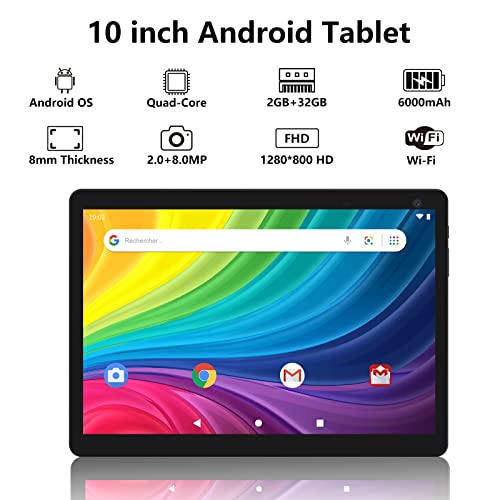 Android Tablet, 10 inch Tablets, 2GB+32GB Computer Tablet Support 512GB Expand, 2MP + 8MP Camera, IPS Screen, WiFi, Bluetooth, 6000mAh, Google GMS Certified Tableta Black