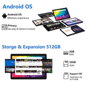 Android Tablet, 10 inch Tablets, 2GB+32GB Computer Tablet Support 512GB Expand, 2MP + 8MP Camera, IPS Screen, WiFi, Bluetooth, 6000mAh, Google GMS Certified Tableta Black