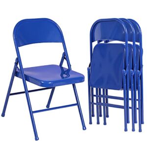 vecelo metal frame folding hold up to 350 pounds, mounted steel chairs with triple braced & double hinged back for home office, set of 4, blue