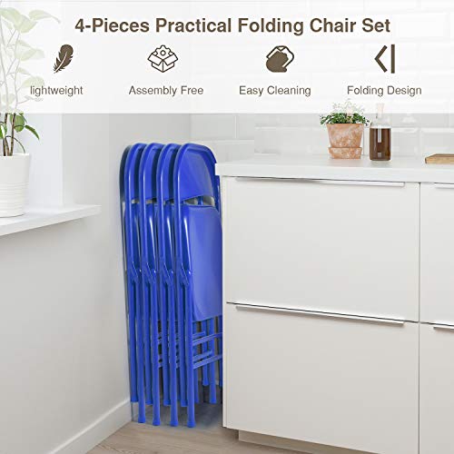 VECELO Metal Frame Folding Hold Up to 350 Pounds, Mounted Steel Chairs with Triple Braced & Double Hinged Back for Home Office, Set of 4, Blue