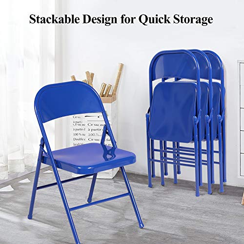 VECELO Metal Frame Folding Hold Up to 350 Pounds, Mounted Steel Chairs with Triple Braced & Double Hinged Back for Home Office, Set of 4, Blue