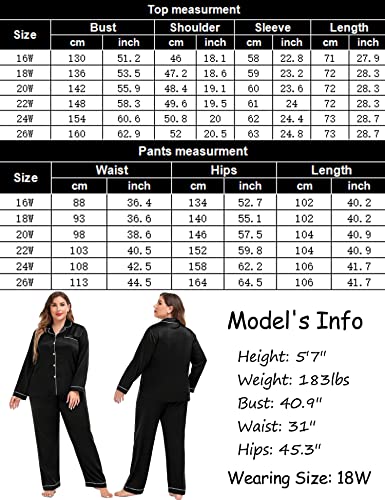 SWOMOG Plus Size Pajamas Long Sleeve Pajama Set Silk Pj Set Button Down Sleepwear Bridesmaid Pjs Satin Pajama Set 18W Black