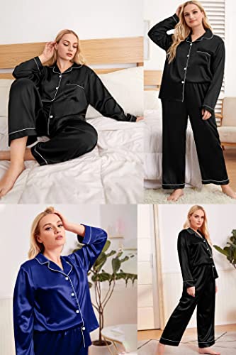 SWOMOG Plus Size Pajamas Long Sleeve Pajama Set Silk Pj Set Button Down Sleepwear Bridesmaid Pjs Satin Pajama Set 18W Black