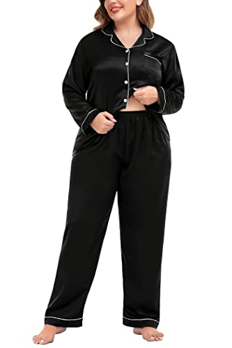 SWOMOG Plus Size Pajamas Long Sleeve Pajama Set Silk Pj Set Button Down Sleepwear Bridesmaid Pjs Satin Pajama Set 18W Black