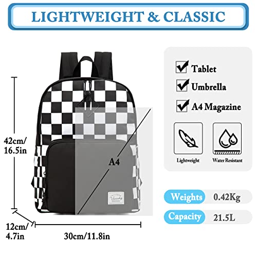 VASCHY School Backpack, Lightweight Travel Backpack for Men Women Schoolbag Bookbag for Kids Teen Boys Girls Black White Plaid