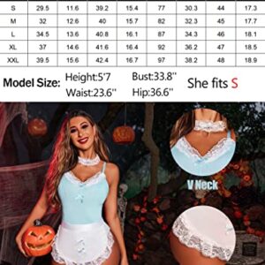 Avidlove Sexy Maid outfit for Women Snap Crotch Teddy Lingrie with Choker and Apron Baby Blue L