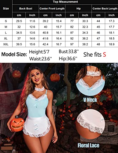 Avidlove Sexy Maid outfit for Women Snap Crotch Teddy Lingrie with Choker and Apron Baby Blue L