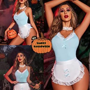 Avidlove Sexy Maid outfit for Women Snap Crotch Teddy Lingrie with Choker and Apron Baby Blue L