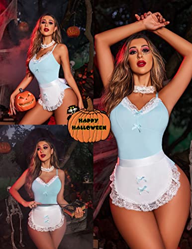 Avidlove Sexy Maid outfit for Women Snap Crotch Teddy Lingrie with Choker and Apron Baby Blue L