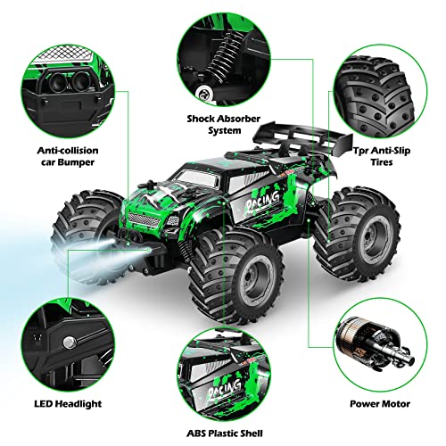 Rcjoyou RC Cars,All Terrain Remote Control Car,2WD 2.4 GHz Off Road High Speed 20 Km/h RC Monster Truck Racing Cars with LED Headlight and Two Batteries, Xmas Gifts for Kid and Adults