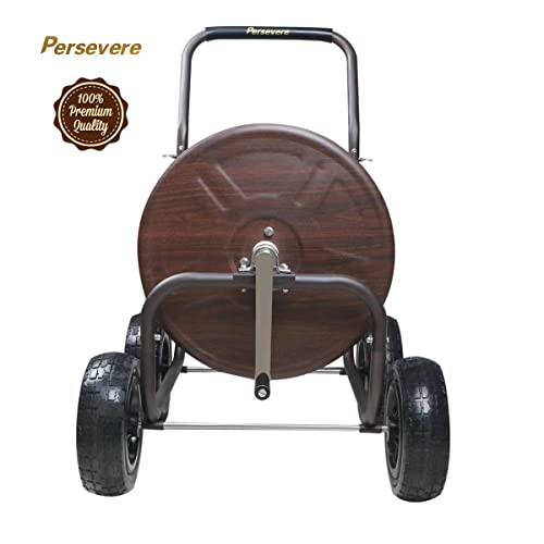 Persevere Garden Hose Reel Cart with 4 Wheels 5/8Inch x 300ft Frame Material Stainless Steel Classic Water hose reel mobile carts Watering Outdoor Yard/Lawn/Farm（Wood Grain Color)