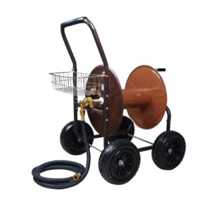 persevere garden hose reel cart with 4 wheels 5/8inch x 300ft frame material stainless steel classic water hose reel mobile carts watering outdoor yard/lawn/farm（wood grain color)