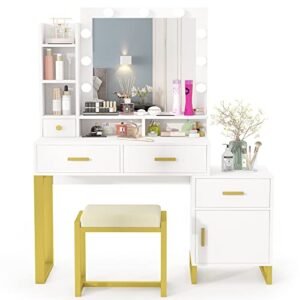 PAKASEPT Makeup Desk with Mirror and Lights, Desk and Chair, Vanity Table Set with Cushioned Stool, Shelves & Drawers, Storage Cabinet for Bedroom, White