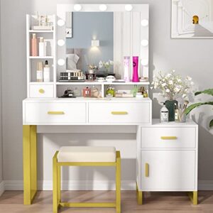 PAKASEPT Makeup Desk with Mirror and Lights, Desk and Chair, Vanity Table Set with Cushioned Stool, Shelves & Drawers, Storage Cabinet for Bedroom, White