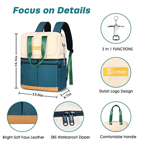 Scothen Backpack Cooler with Double Decker & 12 Ice Packs- Keeps 36 Cans Cold for Up to 8 Hours- Waterproof & Leak Proof Insulated Cooler Backpack- Stylish Cooler Bookbag for Women Travel Work Beach