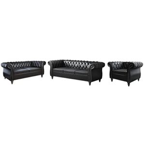 3 Piece Living Room Set, Chesterfield Leather Sofa Loveseat Couch Chair with Scroll Arms and Nailhead for Living Room, Office (Black)