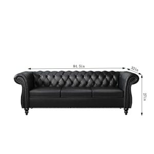 3 Piece Living Room Set, Chesterfield Leather Sofa Loveseat Couch Chair with Scroll Arms and Nailhead for Living Room, Office (Black)