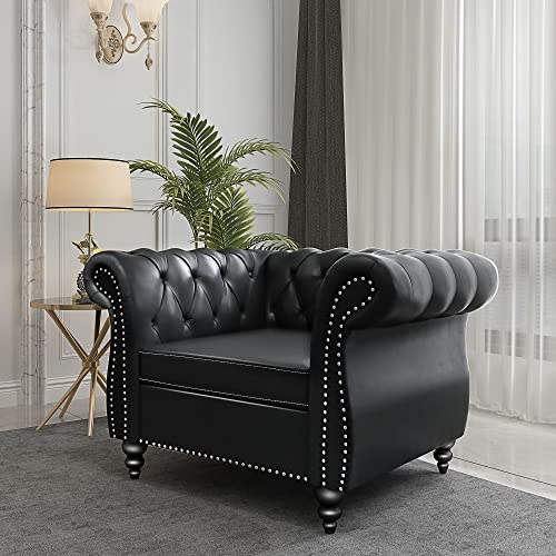 3 Piece Living Room Set, Chesterfield Leather Sofa Loveseat Couch Chair with Scroll Arms and Nailhead for Living Room, Office (Black)