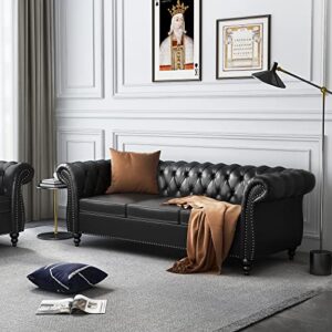 3 Piece Living Room Set, Chesterfield Leather Sofa Loveseat Couch Chair with Scroll Arms and Nailhead for Living Room, Office (Black)