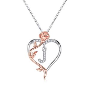 rose heart initial necklaces for women teen girls, letter initial j necklace jewelry wedding engagement anniversary birthday gifts necklace for her girlfriend wife bridesmaid gifts best aunt gift