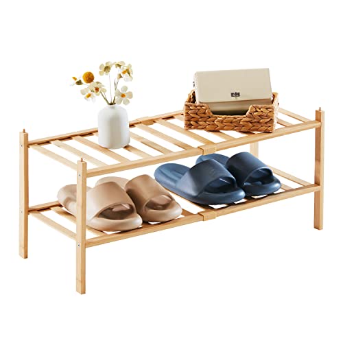 Dikolre Shoe Rack Organizer for Closet Entryway, 2-Tier Bamboo Stackable Shoe Rack Small Shoe Storage for Dorm Front Door Wooden Shoe Shelf, Natural