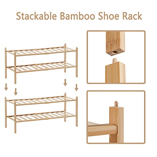 Dikolre Shoe Rack Organizer for Closet Entryway, 2-Tier Bamboo Stackable Shoe Rack Small Shoe Storage for Dorm Front Door Wooden Shoe Shelf, Natural