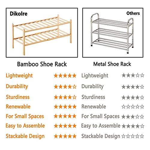 Dikolre Shoe Rack Organizer for Closet Entryway, 2-Tier Bamboo Stackable Shoe Rack Small Shoe Storage for Dorm Front Door Wooden Shoe Shelf, Natural