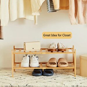 Dikolre Shoe Rack Organizer for Closet Entryway, 2-Tier Bamboo Stackable Shoe Rack Small Shoe Storage for Dorm Front Door Wooden Shoe Shelf, Natural