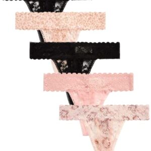 Jessica Simpson Women's Underwear - 5 Pack Stretch Microfiber Lace Thong Panties (S-XL), Size Medium, Black/Black/Animal Blush/Rose/Floral Rose