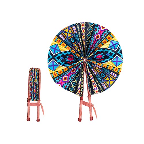 Handmade in Ghana Colorful Ankara African Print Handheld Bolga Folding Fan With Leather Handles Handheld African Fabric Folding Fan (Multi 1)