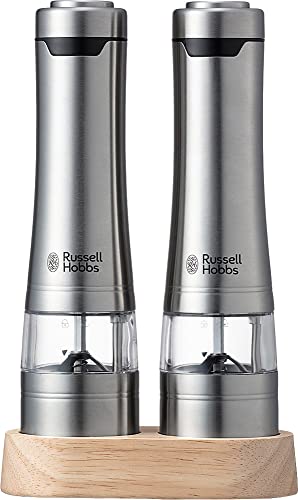 Russell Hobs 7923JP Electric Mill, Salt and Pepper (Set of 2), Wood Stand Set, Silver