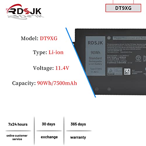 DT9XG Laptop Battery for Dell Alienware Area-51m R1 R2 ALWA51M-D1968W D1969PW D1733B D1969DB D1968B D1746W D1735DB D1733PB D1766W D1748DW D1748DB D1746B D1766PB D1741DB Series 07PWKV 0KJYFY 11.4V 90Wh