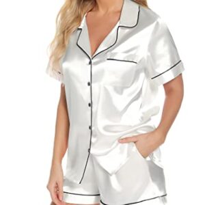 Senert Satin Pajamas Women's Short Sleeve Sleepwear Soft Silk Button Down Loungewear Pjs Shorts Set with Pockets White,X-Large