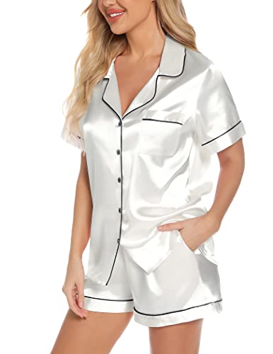 Senert Satin Pajamas Women's Short Sleeve Sleepwear Soft Silk Button Down Loungewear Pjs Shorts Set with Pockets White,X-Large