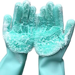 Silicone Dishwashing Gloves, Reusable Rubber Scrubbing Gloves for Dishes,Sponge Wash Cleaning Gloves with Scrubbers for Housework, Bathroom, Kitchen, Car, Pets. 1Pair (13.6" Large) (green)